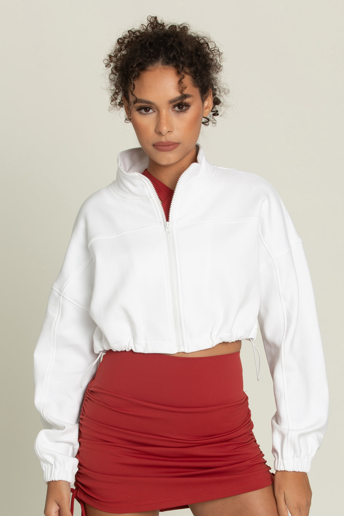 White Cinched Zip-Up Jacket – Gold Hinge