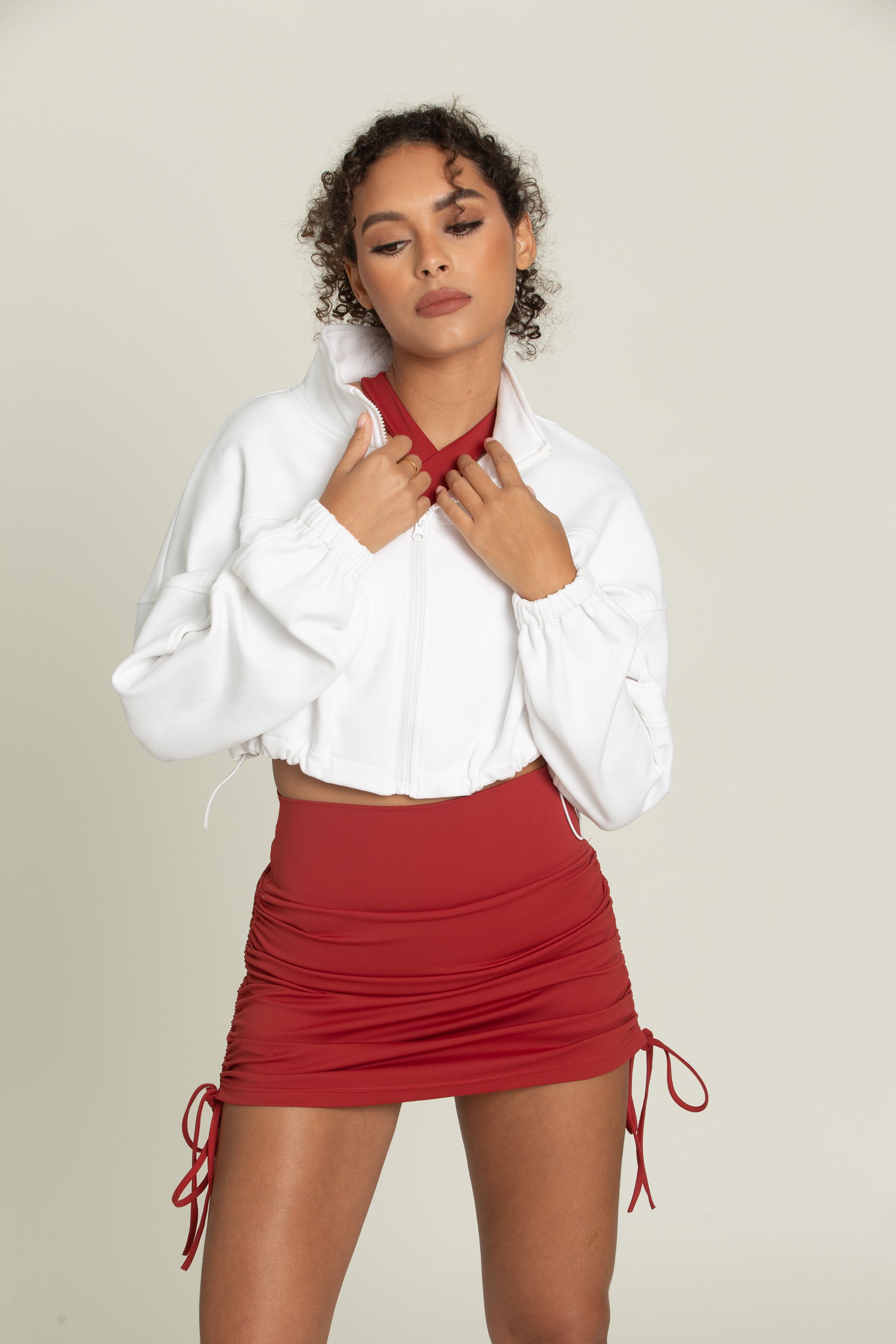 White Cinched Zip-Up Jacket – Gold Hinge