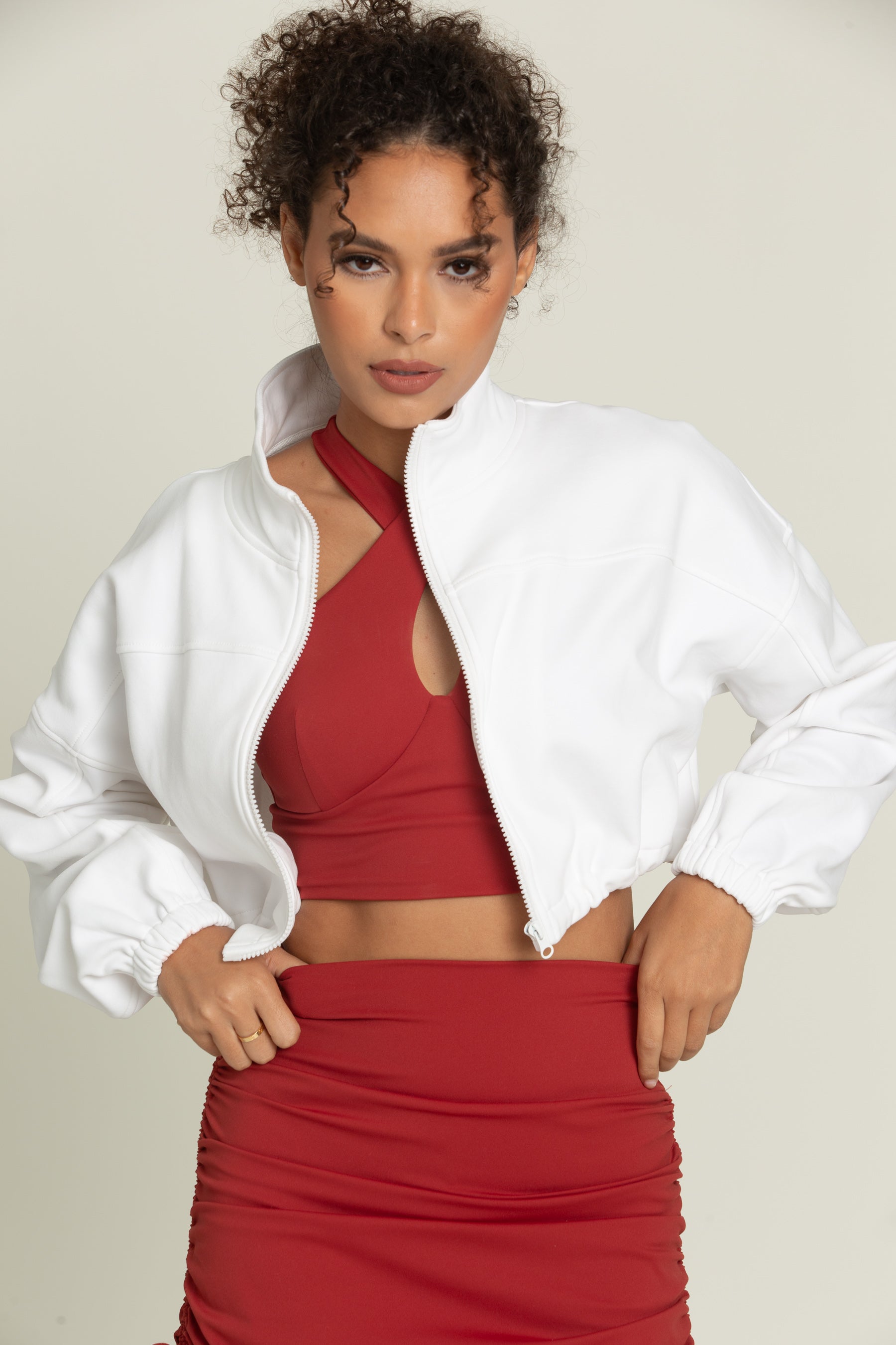 White Cinched Zip-Up Jacket – Gold Hinge