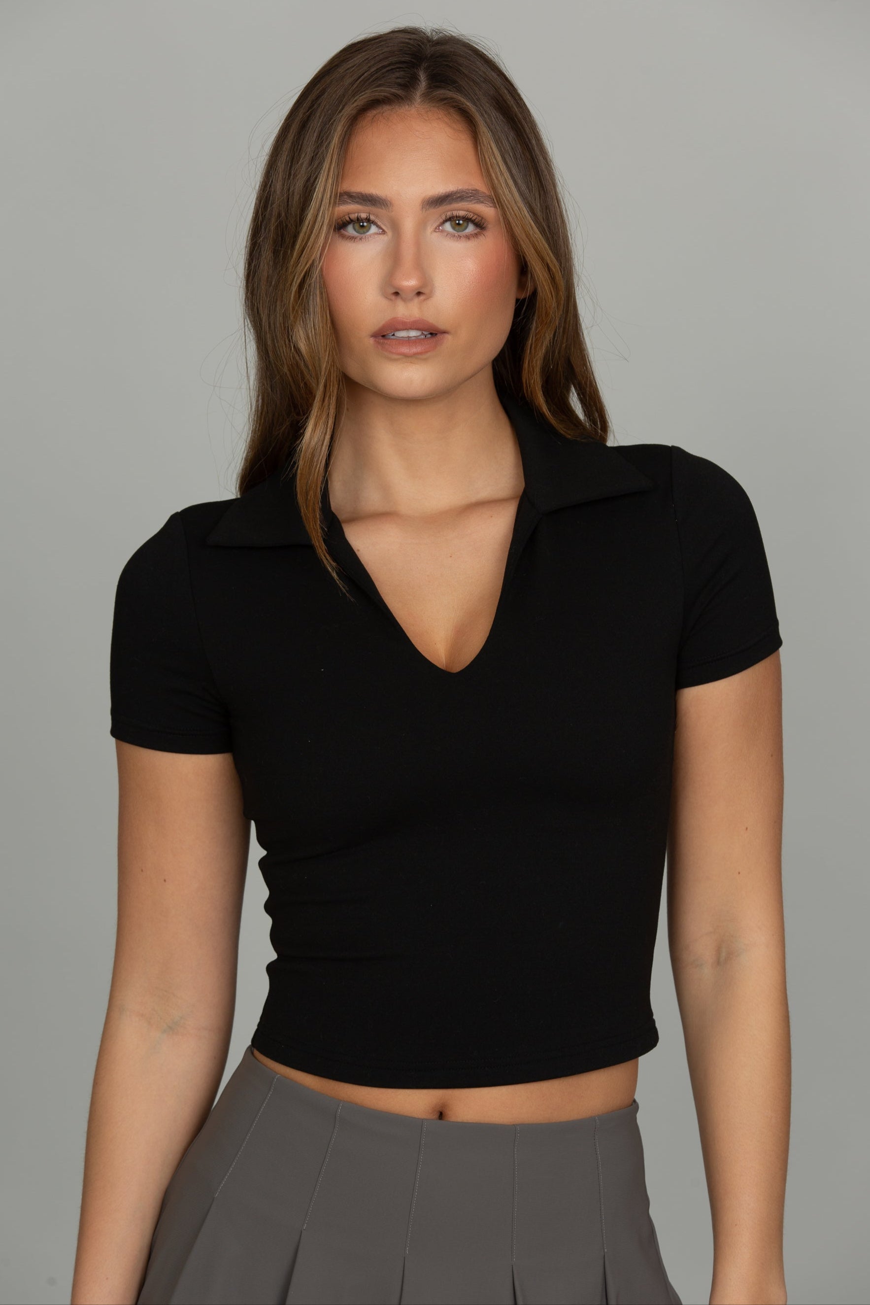 Black Preppy V-Neck Polo Top – Gold Hinge
